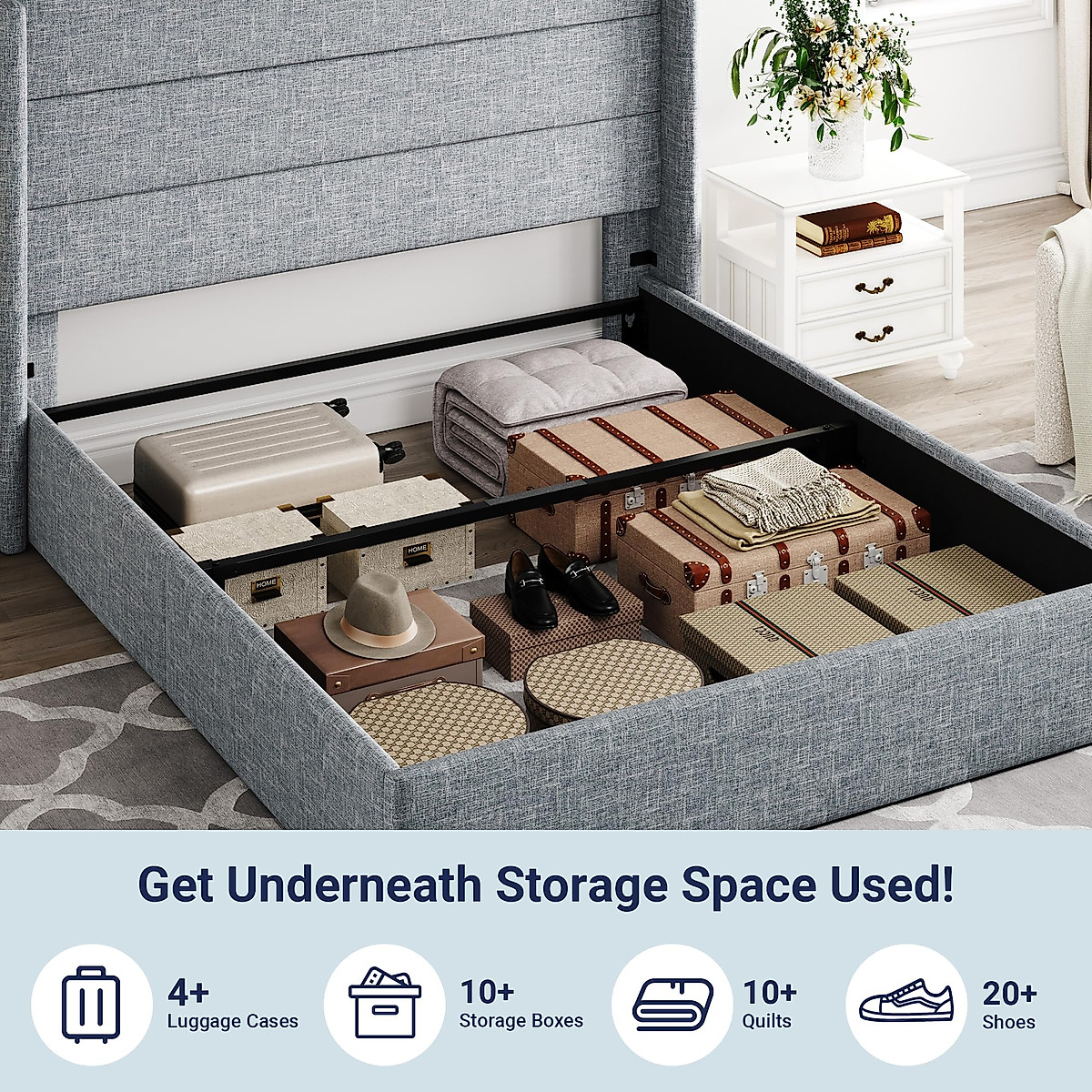 Allewie Full Size Lift Up Storage Bed, Modern Wingback Headboard, Hydraulic Support, No Box Spring Needed, Grey Blue