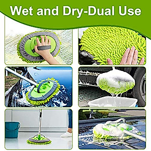 anngrowy 62" Microfiber Car Wash Brush Mop Kit Mitt Sponge with Long Handle Car Cleaning Supplies Kit Duster Washing Car Tools Accessories, 1 Chenille Scratch-Free Replacement Head Aluminum Alloy Pole