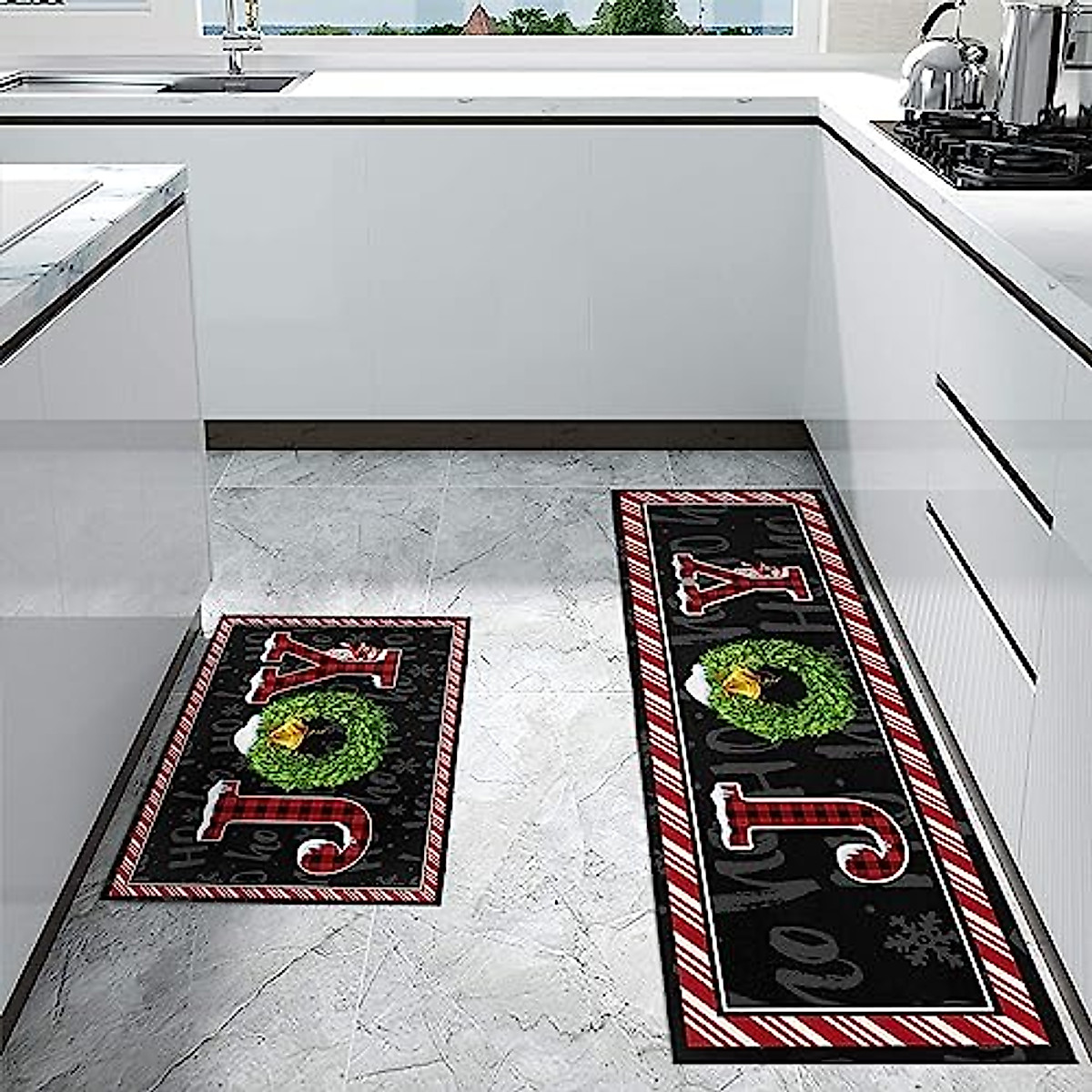 Miaklek Christmas Kitchen Mats Anti Fatigue 1 Piece, Kitchen Mats for Floor, Comfort Mat for Kitchen Floor, Non Skid Mats for Kitchen,Office,Sink,Oven,Laundry, Red and Black Plaid Christmas Joy