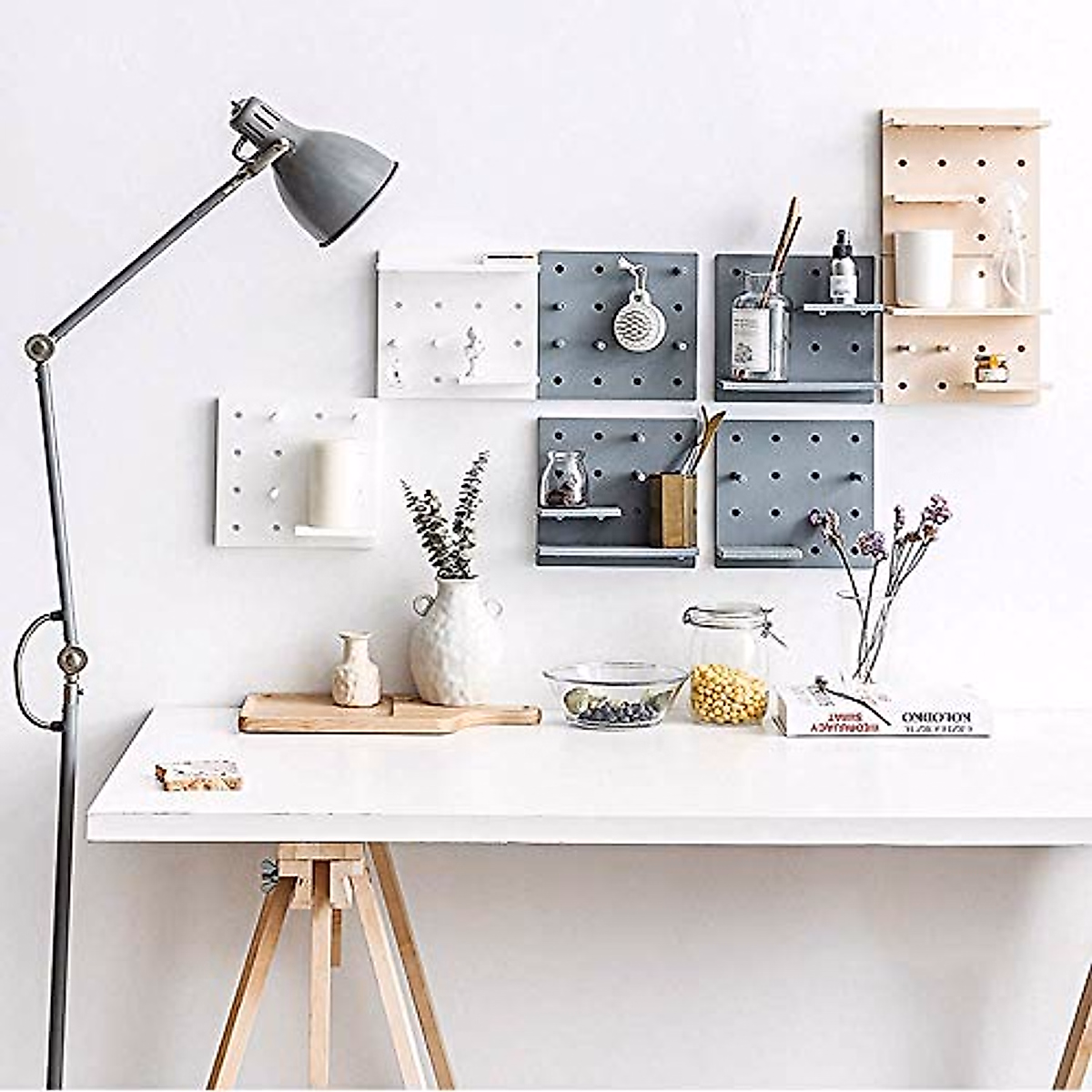 Wall Plastic Decorative DIY Convenient Pegboard Wall Mount Display Wall Organization Storage Wall Shelf for Living Room Kitchen Bathroom Office ，Set of 2