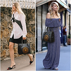 Genuine Leather Handbag for Women,Retro Embossing Mandala Design Purse Organizer Vintage Handmade Crossbody (3299 brown) 11 * 5.1 * 10.2 inches