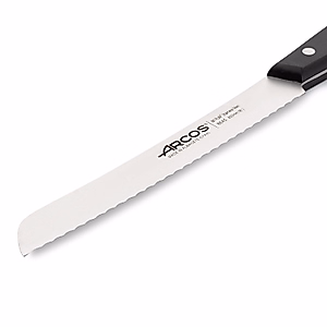 ARCOS Bread Knife 8 Inch Serrated Nitrum Stainless Steel and 200 mm blade. Kitchen Knife. Ergonomic Polyoxymethylene POM Handle. Series Bolonia. Color Black