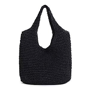 QTKJ Hand-woven Soft Large Straw Shoulder Bag Boho Straw Handle Tote Retro Summer Beach Bag Rattan Handbag (Black)
