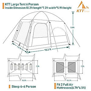 KTT Large Tent 6 Person,Family Cabin Tents,Straight Wall,3 Doors and 3 Windows with Mesh,Waterproof,Big Tent for Outdoor,Picnic,Camping,Family,Friends Gathering(Green)