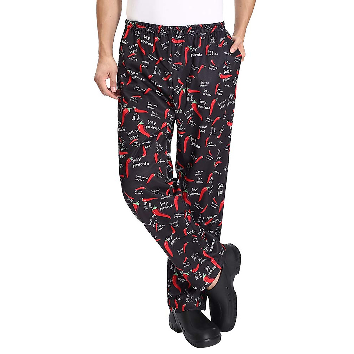 Men's Elastic Baggy Chef's Pants Floral Restaurant Work Pant and Cook Pant Uniform Pepper L