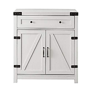 Walker Edison Farmhouse Double Barn Door Accent Kitchen Storage Cabinet Pantry with 1 Drawer, 30 Inch, Brushed white