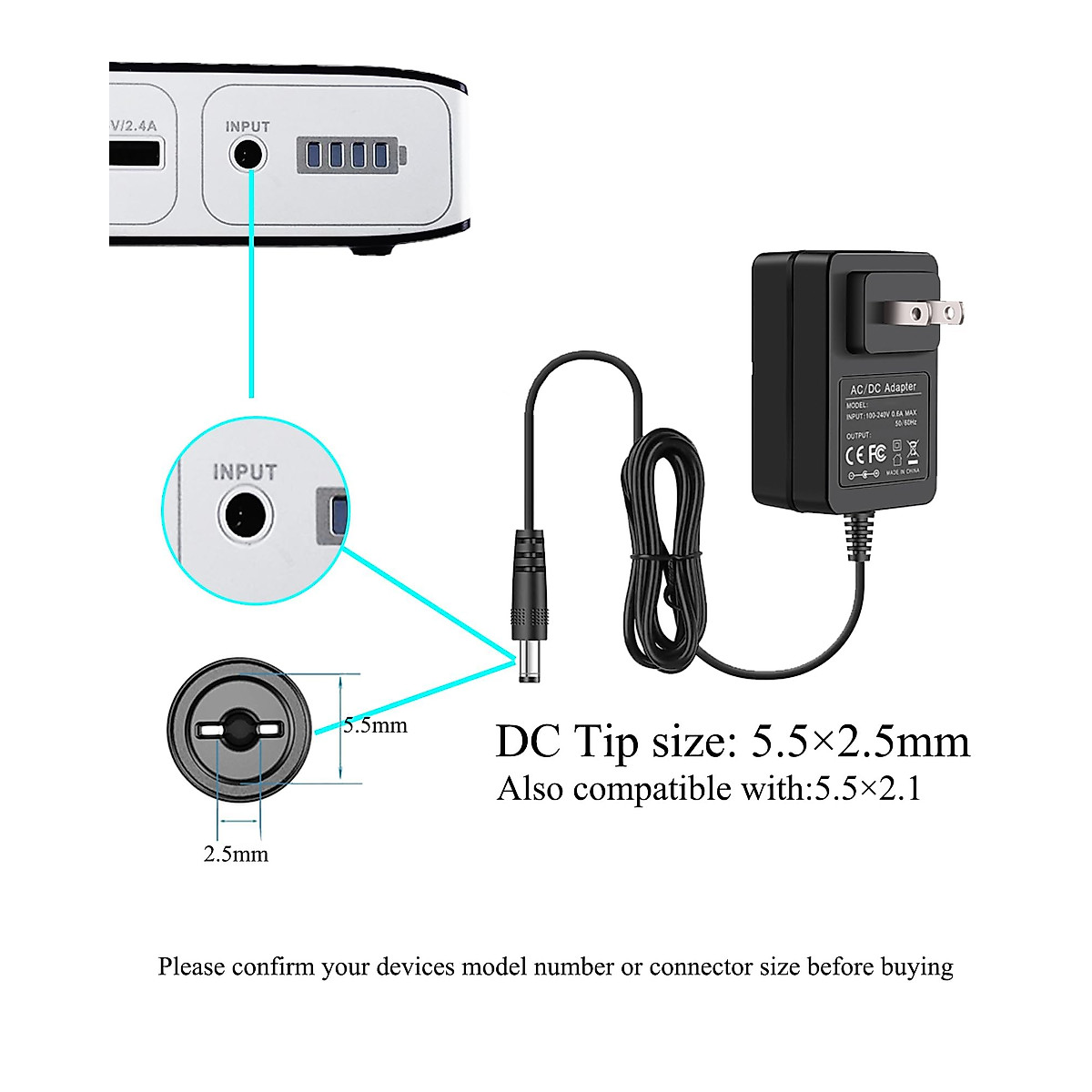 WUKUR Charger, 14V AC Adapter Compatible with Halo Bolt 57720/58830, Power Cord for Car Jump Starter, 6.5ft, 0.85A, Black