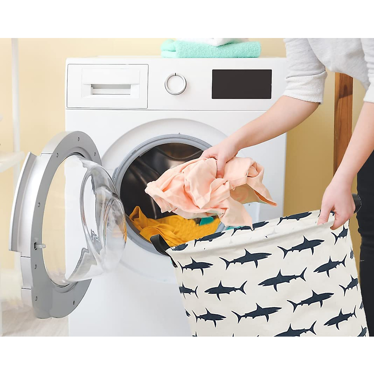 Sanjiaofen Kids Laundry Hamper,Canvas Shark Hamper Collapsible Boys Storage Baskets for Shark Room Decor,Nursery Hamper,Toy Organizer,(Shark)