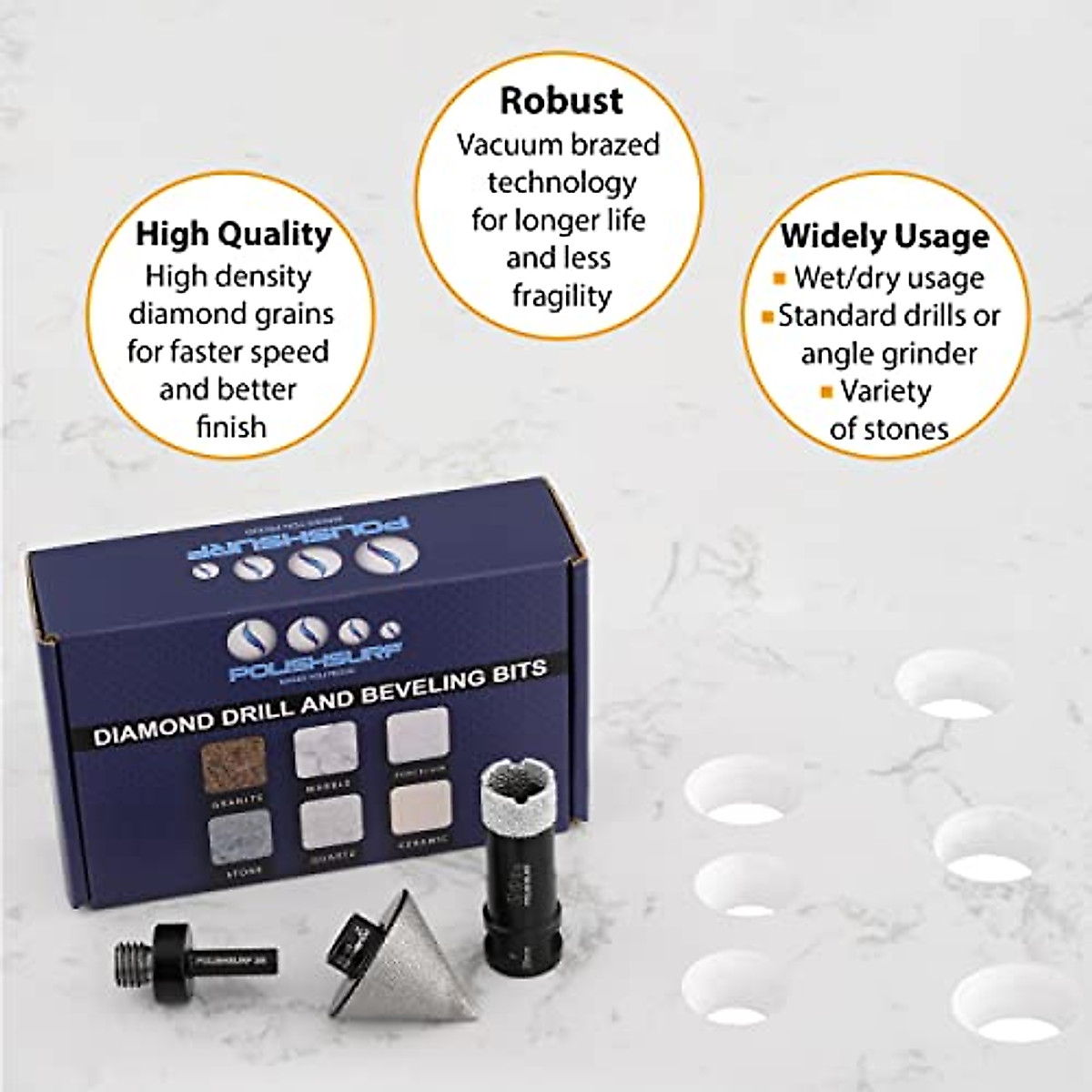 Diamond Core Drill Bits 1 Inch and Beveling Chamfer Bits 2 Inch Kit Vacuum Brazed Hole Saw with 5/8-11 Thread Plus 3/8 Inch Hex Shank Adapter (Set-1 with 1" (25mm) Diamond Drill Bit)