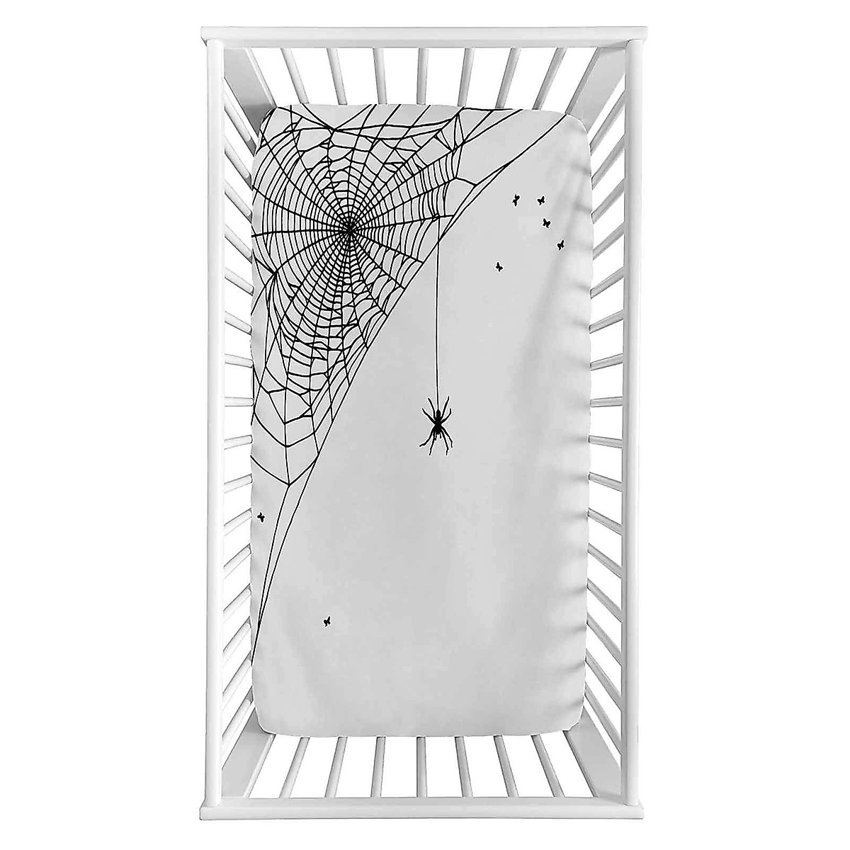 Spider Web Fitted Crib Sheet,Corner Cobweb with a Hanging Insect Hand Drawn Style Gothic Design with Flies Microfiber Silky Soft Toddler Mattress Sheet Fitted,28"x 52"x 8'',Baby Sheet for Boys Girls