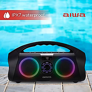 AIWA Portable Boombox - Waterproof Bluetooth Speaker, Rechargeable Wireless Boombox with Multi Color LED Lighting and Digital Display, AUX Input and Carry Handle, 15 Hour Playtime