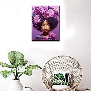Tucocoo Purple Flowers Paint by Number for Adults, DIY Oil Painting Kits on Canvas with Brushes and Acrylic Pigment, African American Little Girl Portrait Artwork for Home Decor 16x20inch (Frameless)