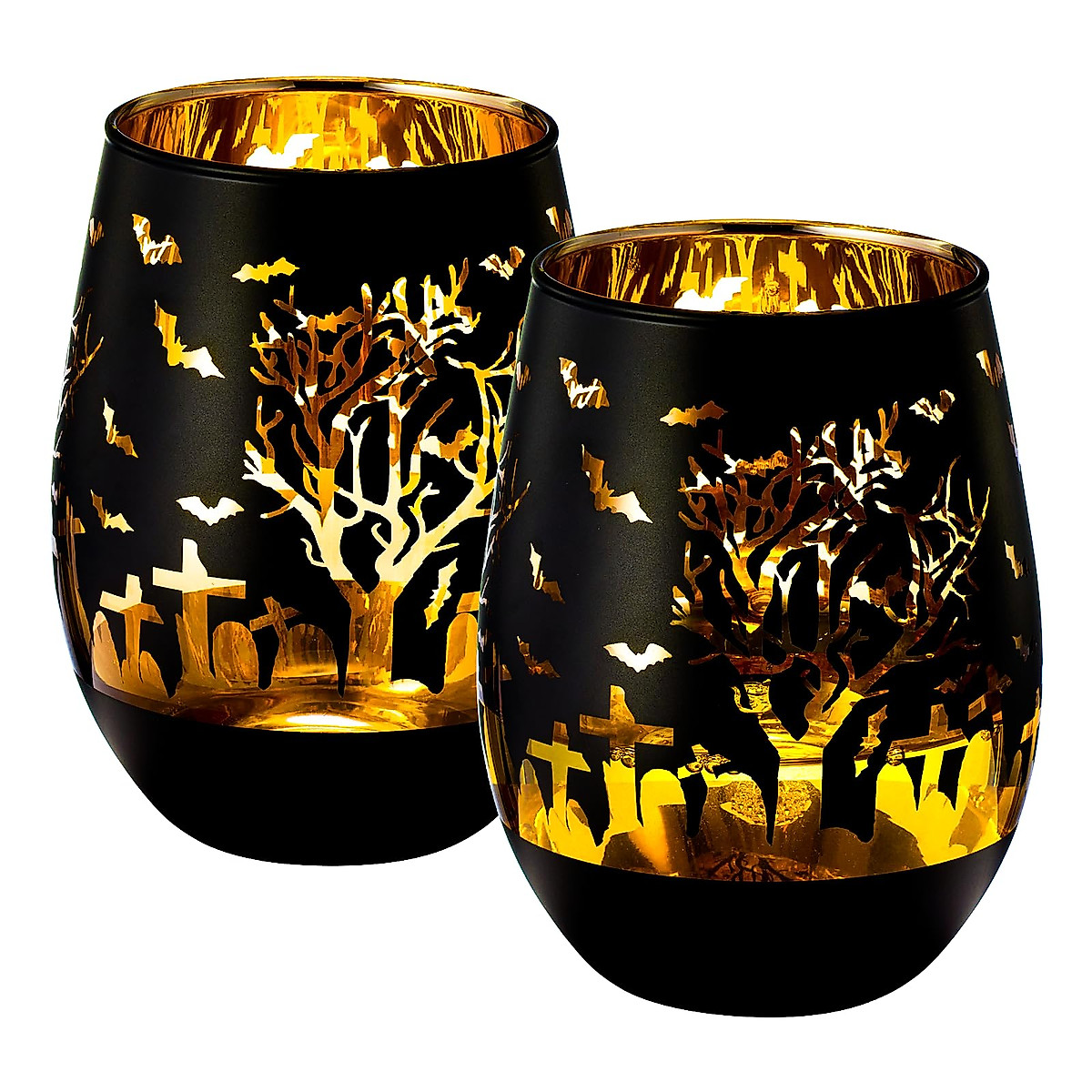 The Wine Savant Crystal Stemless Spooky Wine Glasses - Set of 2 - Themed Vibrant Black & Gold Spooky Ghost Pattern Frosted Glass, Themed Gothic Parties, Graveyard Black Gifts (16 OZ)