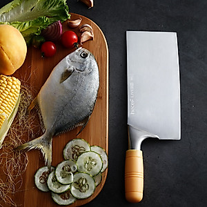 hecef Cleaver Knife 8.2 Inch, Chinese Chef Knife, German Stainless Steel Slicer Cleaver, Vegetable Meat Cutting Knife for Home & Restaurant, Yellow, NSF Certified