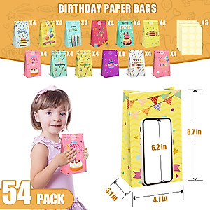 Shindel Party Favor Bags, 54PCS Happy Birthday Treat Bags, Birthday Bags For Kids, 4.7" x 3.1" x 8.7" 12 Designs Colored Paper Bags Goodie Bags for Birthday Party Kids