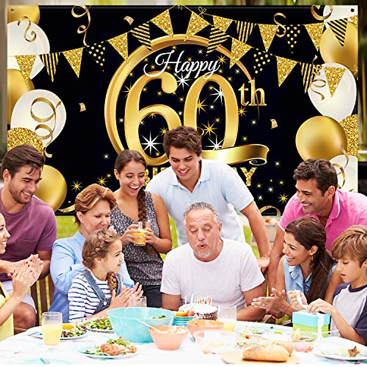 Birthday Party Decoration Extra Large Fabric Black Gold Sign Poster for Anniversary Photo Booth Backdrop Background Banner, Birthday Party Supplies, 72.8 x 43.3 Inch (60th)