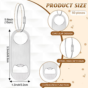 50 Pieces Stainless Steel Flat Bottle Opener with Keychain Beer Opener Bulk Soda Beverage Opener for Men Women Bartender Kitchen Bar Restaurant Tool, 3.5 x 1.3 Inches (Silver)