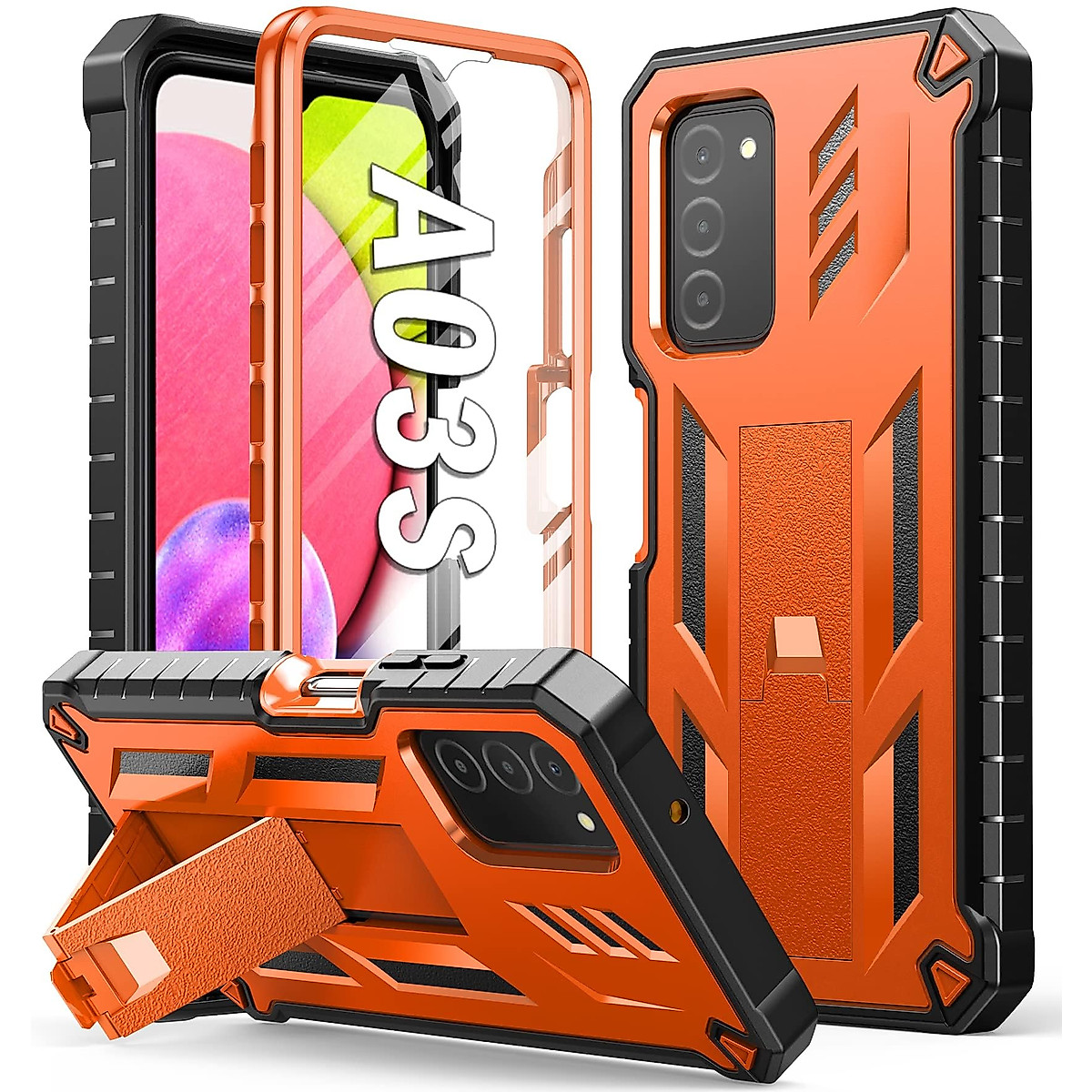for Samsung Galaxy A03S Phone Case: Built in Hard Kickstand & Touch Protector Military Shockproof TPU Sturdy Soft Rugged Heavy Duty Armor Full Body Protection Grade Phone Cover - Orange