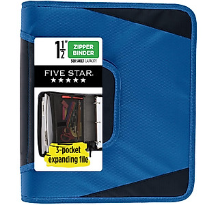 Five Star Zipper Binder, 1-1/2 Inch 3-Ring Binder for School, 3 Pocket Expanding File, 500 Sheet Capacity, Blue (72202)