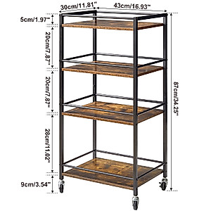 IBUYKE Industrial Bar Carts, Kitchen Storage Serving Cart, Mobile Kitchen Shelf，4 Tier Storage Cart for Bath, Kitchen, Bedroom, Living Room Rustic Brown and Black TMJ419H