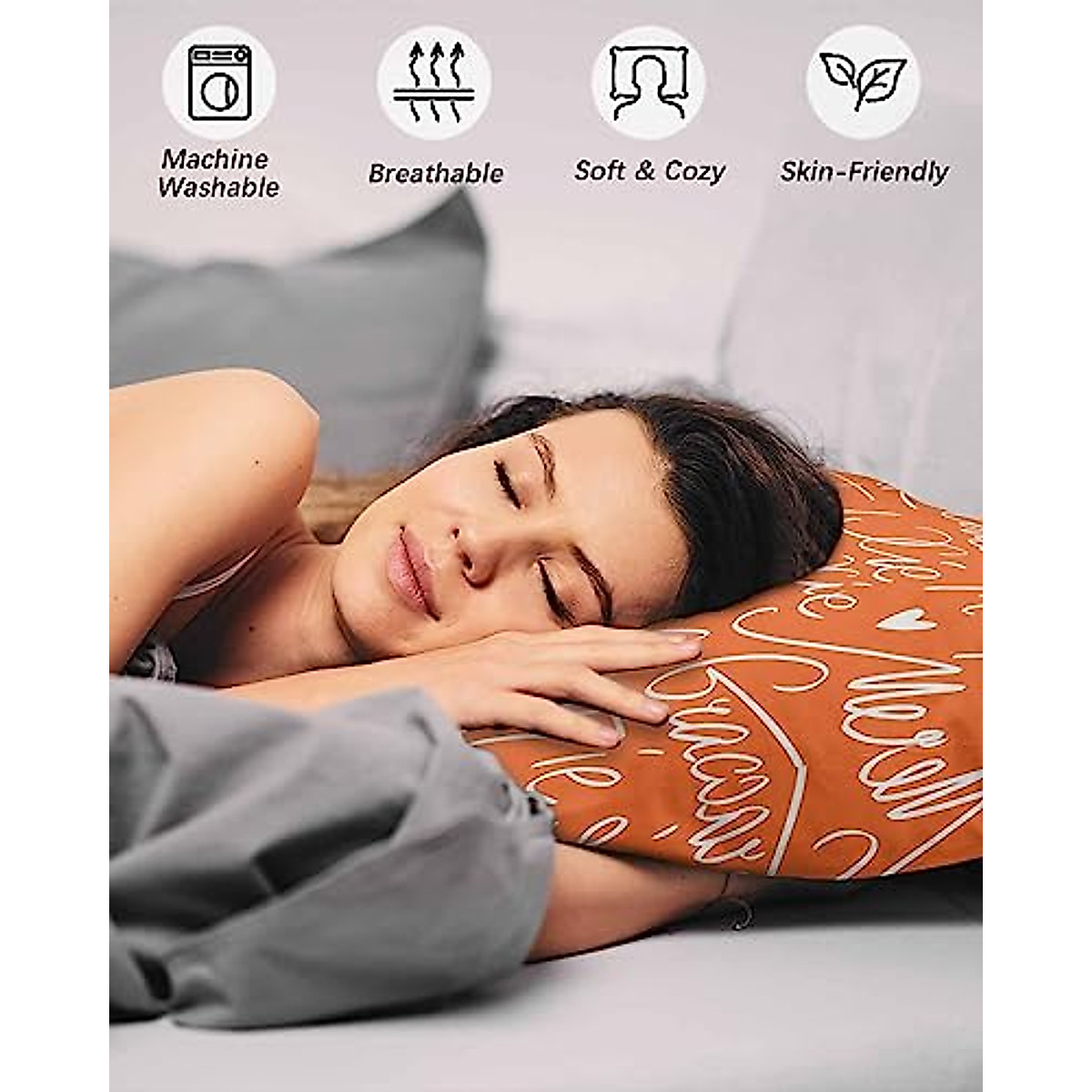 Edwiinsa Orange Pillow Covers Standard Size Set of 2 Bed Pillow, Farmhouse Modern White Thanks Words Plush Soft Comfort for Hair/Skin Cooling Pillowcases with Envelop Closure 20''x26''