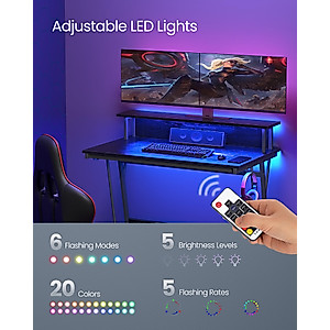 VASAGLE LED Gaming Desk with Power Outlets, Computer Desk with USB Ports, Office Desk with Monitor Stand for 2 Monitors, with Hooks, for Bedroom, 23.6 x 39.4 x 29.5 Inches Ebony Black ULWD091B56