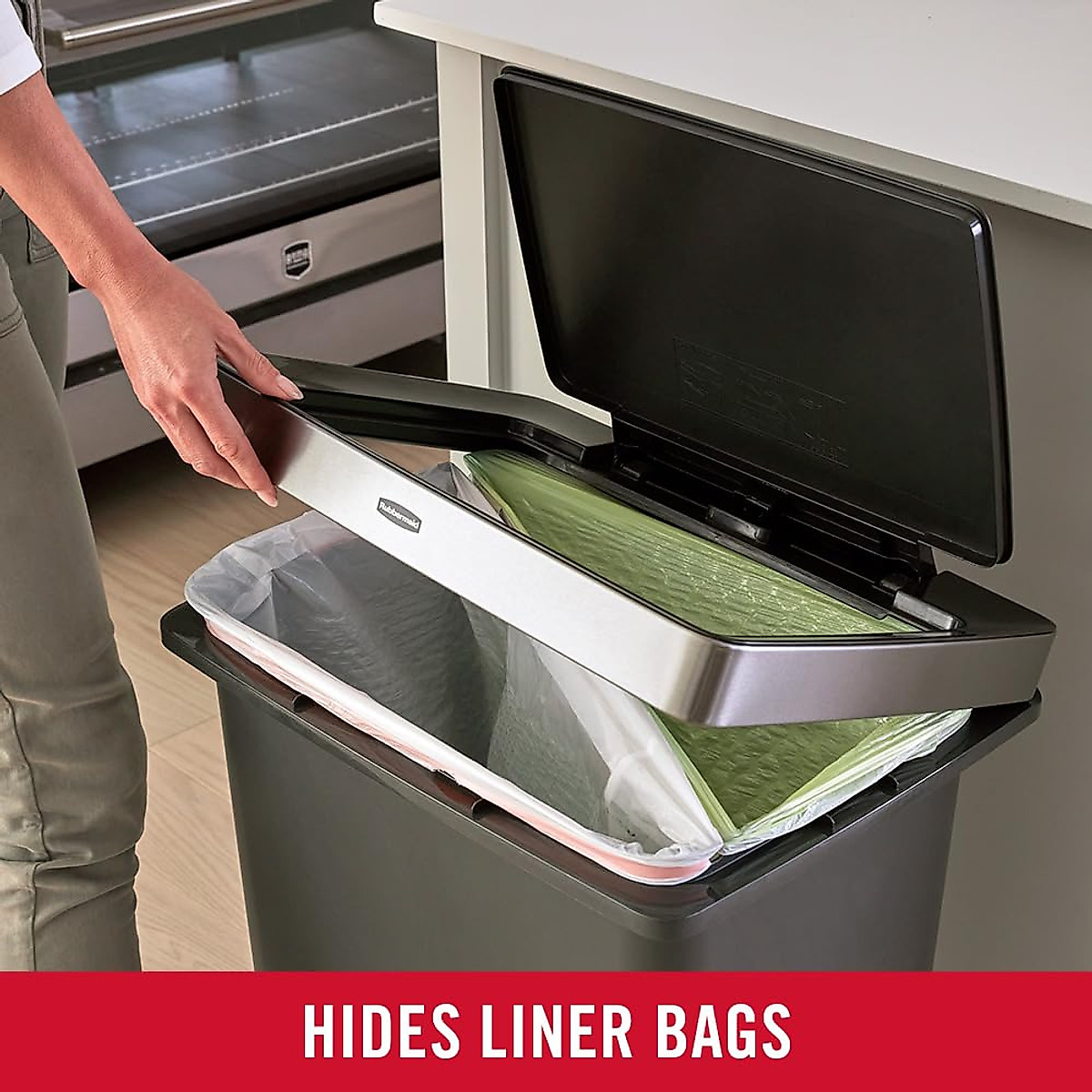 Rubbermaid Premier High-Capacity Step-On Trash Can, 19 Gallon, Single or Dual Stream Trash or Recycling, Charcoal, Stainless-Steel Rim, Lid Lock, Quiet Lid, for Home/Kitchen/Garage/Apartment/Office