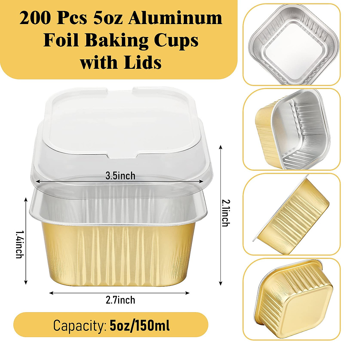 200 Pcs 5 oz Aluminum Foil Baking Cups with Lids 150 ml Foil Cupcake Containers Disposable Ramekins Mini Creme Brulee Pudding Cups Square Muffin Liners Flan Cups for Wedding Christmas Birthday Party