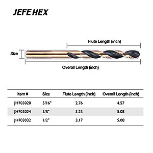 JEFE HEX 1/2" Dia. 5" OAL HSS Twist Drill Bit, General Purpose, 3-Flat Shank, Black and Gold Finished, 135 Degree Split Point, Ideal for Steel/Wood/Copper/Aluminum/Zinc Alloy/Plastic. (2-Piece)