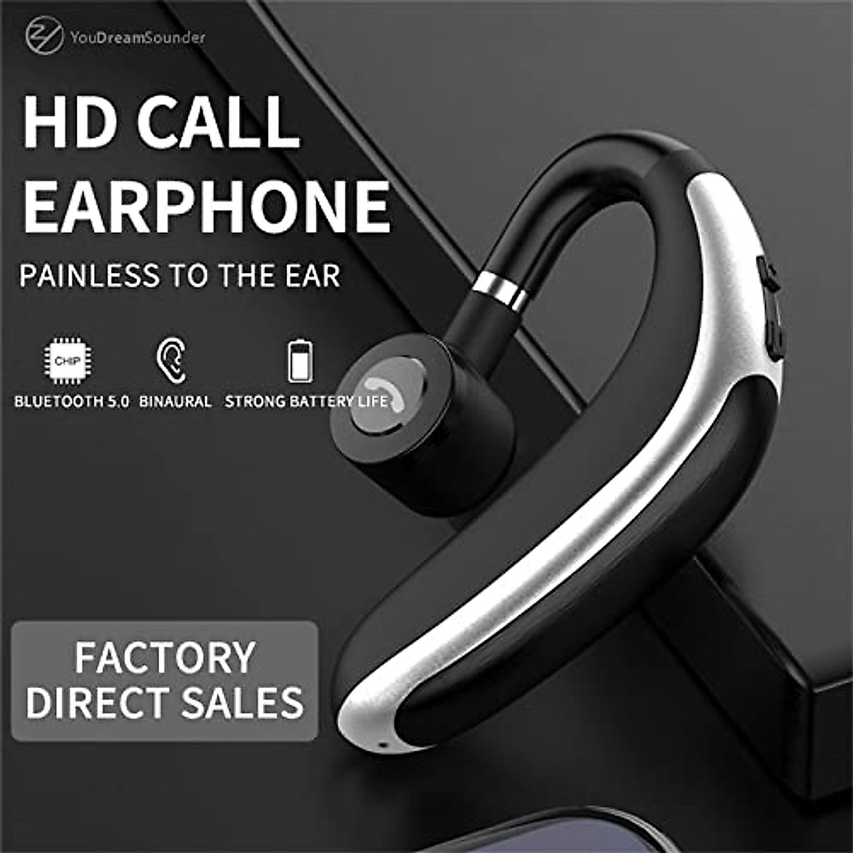 Wireless Single Headset - Bluetooth 5.0 in Ear Single Headset for Car Driving, IPx5 Waterproof Noise Canceling Hand Free Earphones for Business Office Driving (Black)