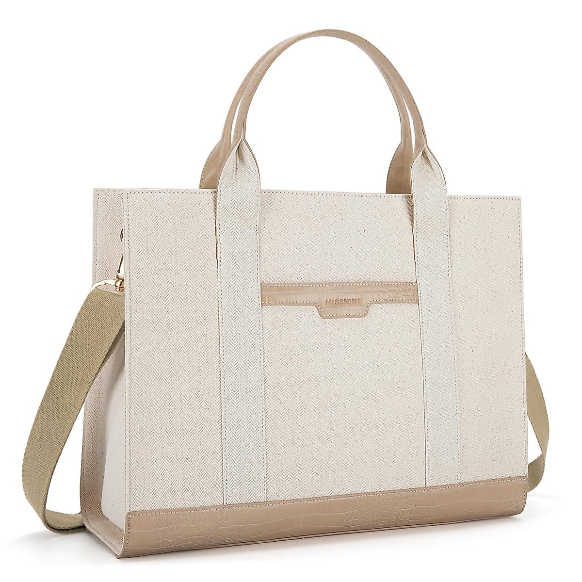 Missnine Tote Bag Canvas Laptop Bag 15.6 inch Briefcase for Women Large Capacity Handbag for Office, College, Travel (Croc-embossed Light Khaki)