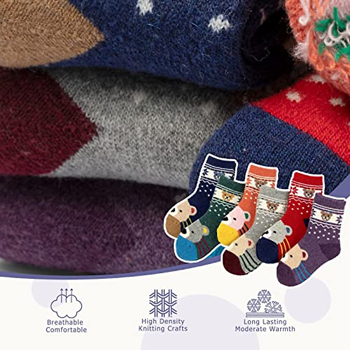 Toddler Girls Wool Socks Kids Thick Winter Warm Socks Thermal Crew Socks for Girls Bears 6 Pack 4-6 Years