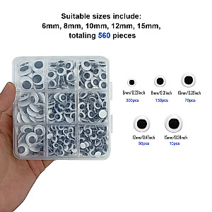560 Pcs Wiggle Googly Eyes with Self-Adhesive, 6mm 8mm 10 mm 12mm 15mm Mixed Packaging (Black and White)