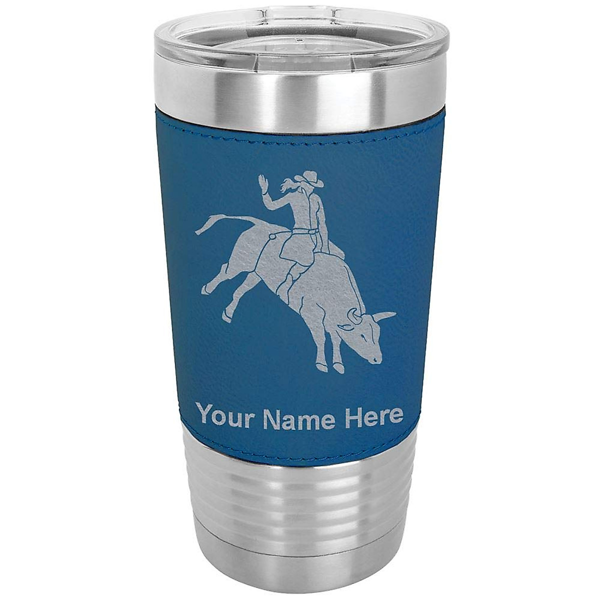 LaserGram 20oz Vacuum Insulated Tumbler Mug, Bull Rider Cowgirl, Personalized Engraving Included (Faux Leather, Blue)