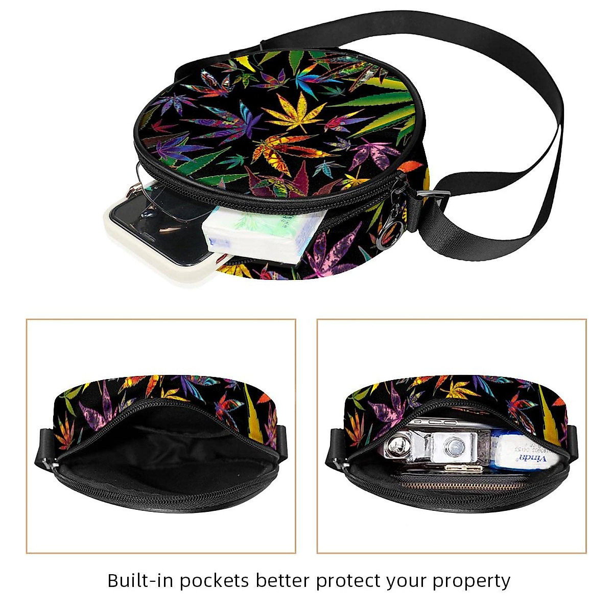 Crossbody Bags for Women, Marijuana Weed Leaf Round Crossbody Wallet, Fashion Circle Crossbody Purse Clutch Handbag