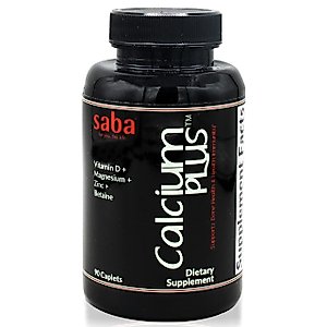Saba Calcium Plus - Bone Strength - Calcium, Magnesium, Potassium, Vitamin D, Zinc, Betaine - GMO, Soy, Gluten Free Ingredients - Whole Food Supplement for Bone Health, Immune - 90 Caplets