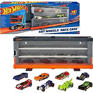 Hot Wheels Race Case with 8 Toy Cars, Interactive Display & Storage for 12 1:64 Scale Vehicles, Connects to Track