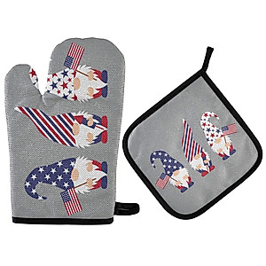 Exnundod America Flag Gnomes Oven Mitts Pot Holders Set,Memorial Day 4Th of July Patriotic Hot Pads&Gloves 2pcs for Kitchen Cookware Cooking BBQ Baking Bakeware Sets