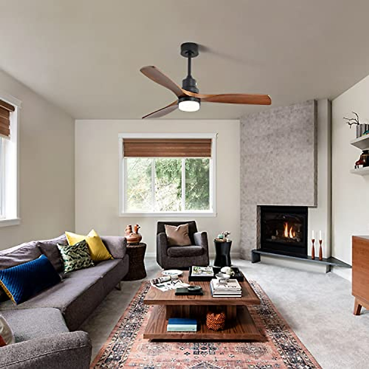 Sofucor 52'' Wood Ceiling Fan With Lights Remote Control 3 Wood Fan Blade Ceiling Fans Noiseless Motor Solid Walnut and Matte Black