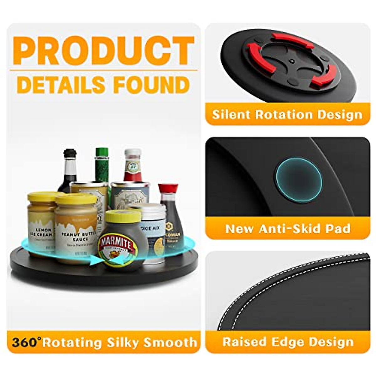 Homerays Lazy Susan Organizer 12 Inch Non-Skid Bamboo Lazy Susan for Kitchen Rotating Spice Rack for Kitchen Cabinet, Wood Turntable for Kitchen Countertop Organizer Black