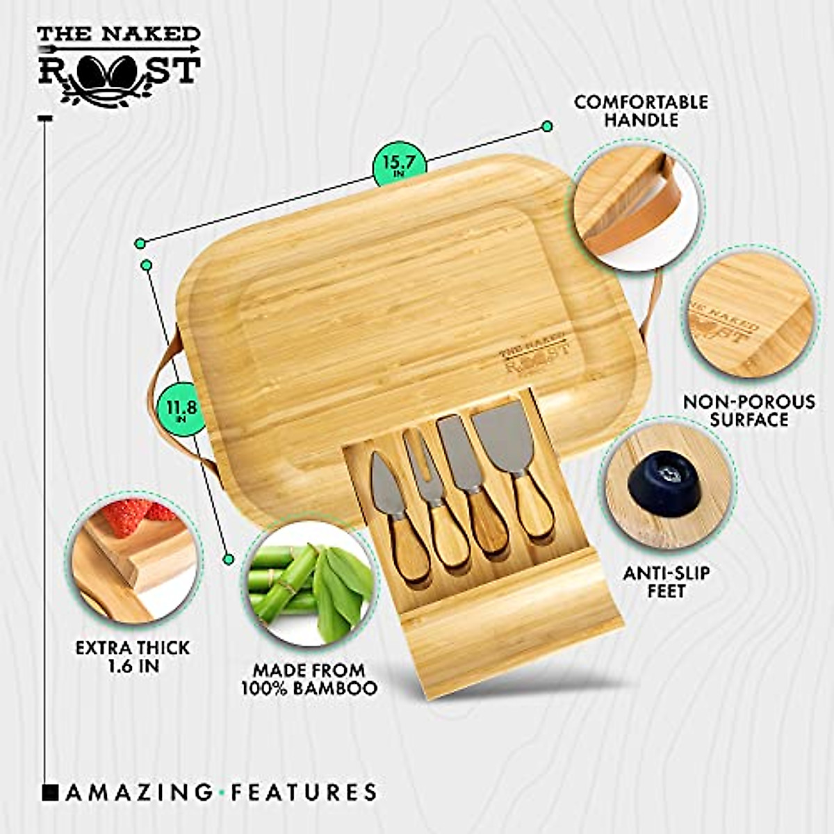 Bamboo Cheese Board And Knife Set - Wooden Charcuterie Tray with Leather Handles and Slide Out Drawer - Entertaining Essential for Wine and Cheese Lovers - Cheese Boards Charcuterie Boards