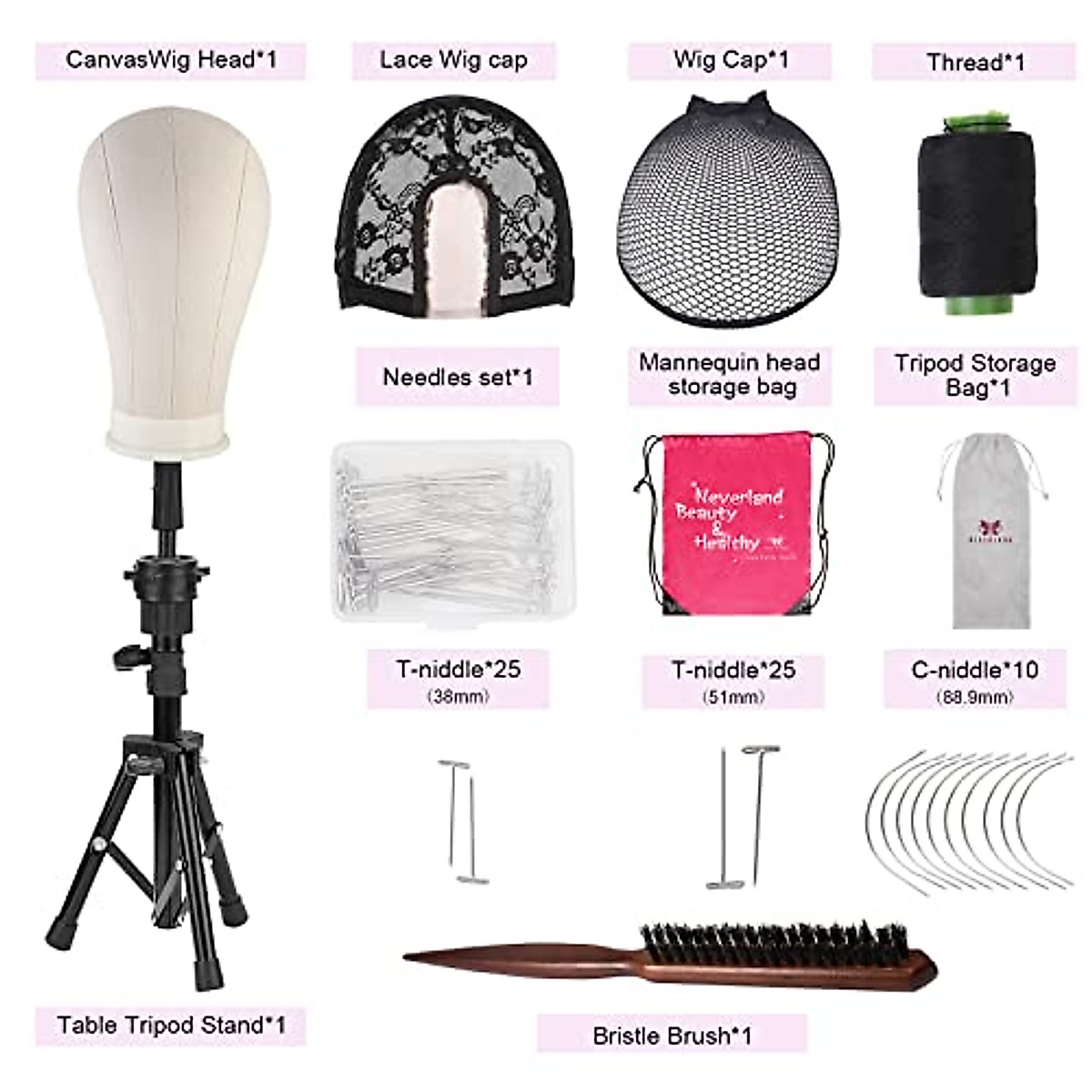 23 Inch Wig Head,Wig Stand Tripod with Head,Canvas Wig Head,Mannequin Head for Wigs,Manikin Canvas Head Block Set for Wigs Making Display with Wig caps,T Pins Set Bristle Brush