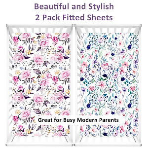 2 Pack of Floral Crib Sheets and Changing Pad Covers for Baby Girls Boys Universal Fit and Ultra Soft Stretchy Jersey Knit Fabric