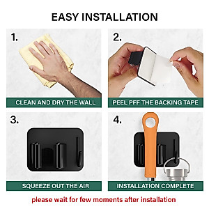 Mop Broom Holder Wall Mounted Heavy Duty No Drill, Adhesive Mop 304 Stainless Steel Mop Hanger Wall Mount Stick on w Hooks for Bathroom Kitchen Closet Garage Garden Organizer with 6 Hooks (Black)