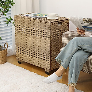 OIAHOMY Laundry Hamper with Lid, 135L Clothes Hamper with 3 Removable Liner Bags, Foldable Laundry Hamper for Bedroom, Synthetic Wicker Hamper with Lid, 27x 13 x 26 Inches, Yellow