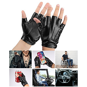KEMIMOTO Fingerless Driving Gloves PU Faux Leather Outdoor Sport Half Finger Glove for Men Women Teens, Black, Medium