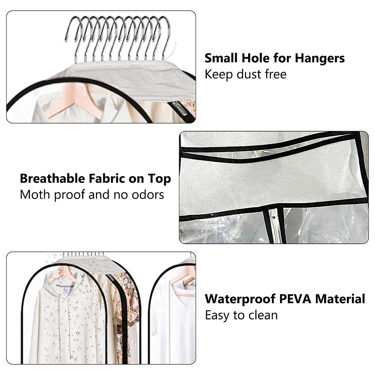 ANBOO 60" Long Garment Bags for Hanging Clothes, 10" Gusseted Waterproof All Clear Garment Bags for Storage, Hanging Garment Bag with Smooth Side Zipper for Shirts, Coat, Jacket, Dresses, 4 Pcs