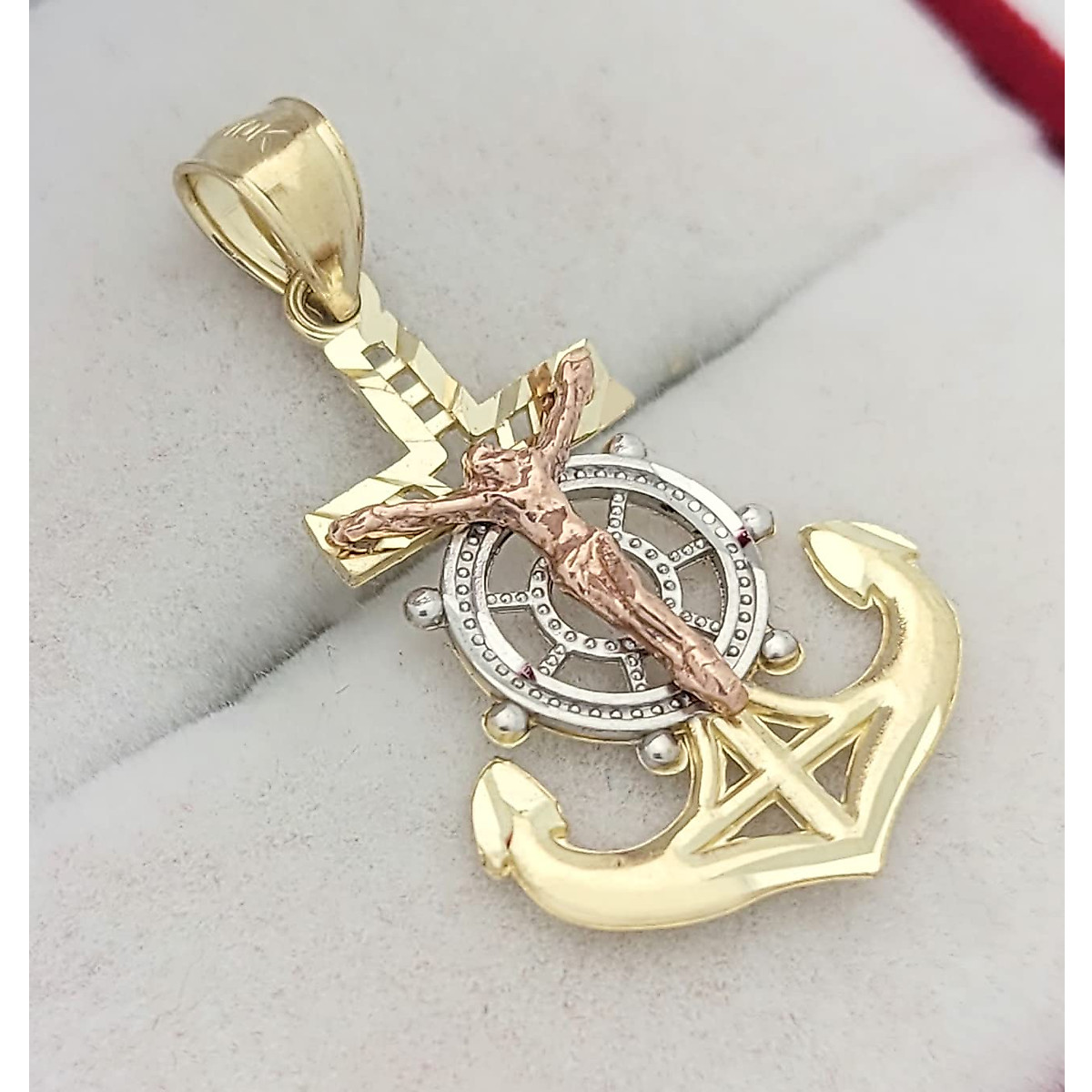 AMZ Jewelry 10K Tri Tone Gold Mariners Anchor Charm Cross Pendant