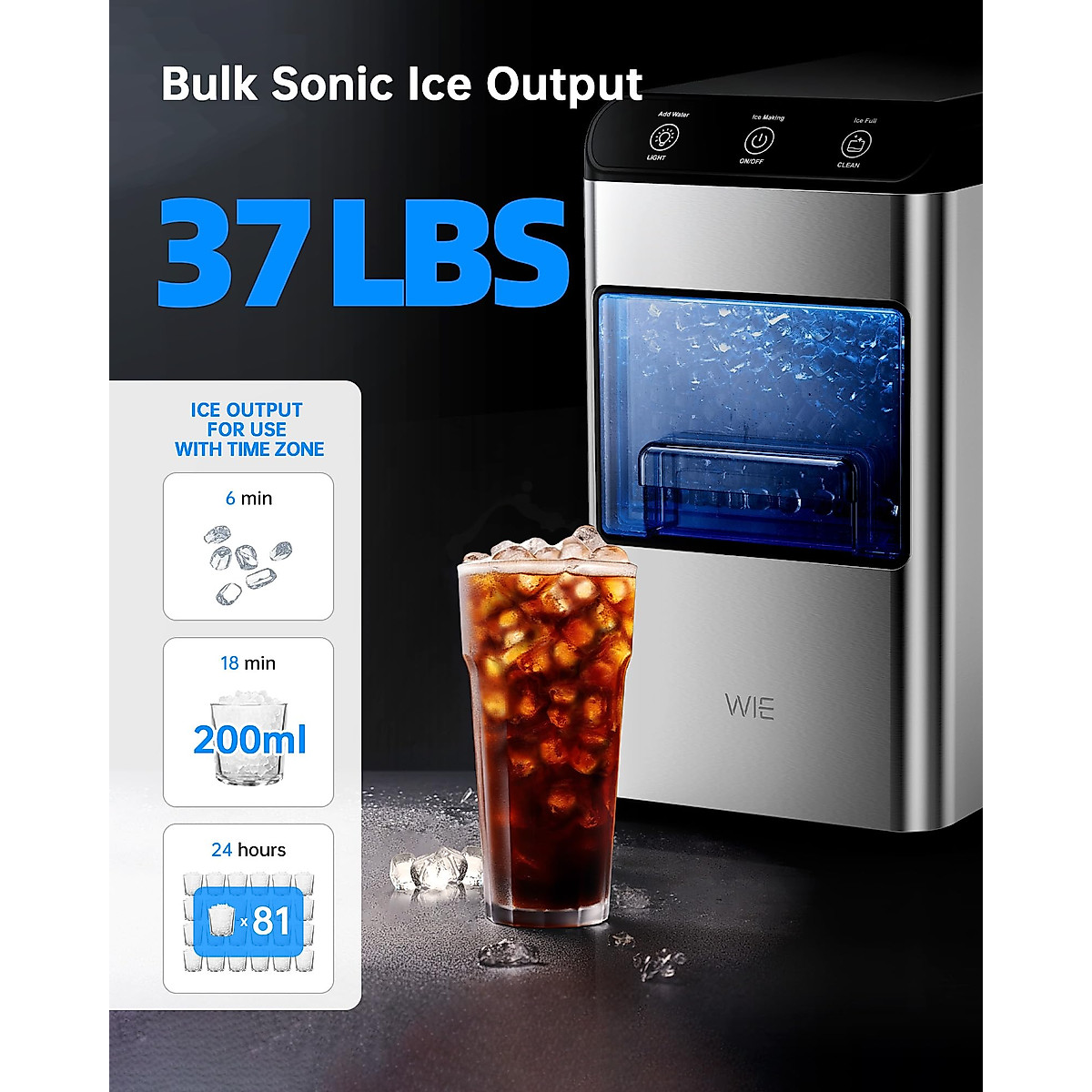 Ice Makers Countertop Nugget for Home Kitchen 37LBS, Pebble Counter Top Ice Machine, Mini Small Ice Maker,Portable Sonic Chewable Pellet Soft Icemaker, LED Maquina de Hielo Tabletop Self Cleaning