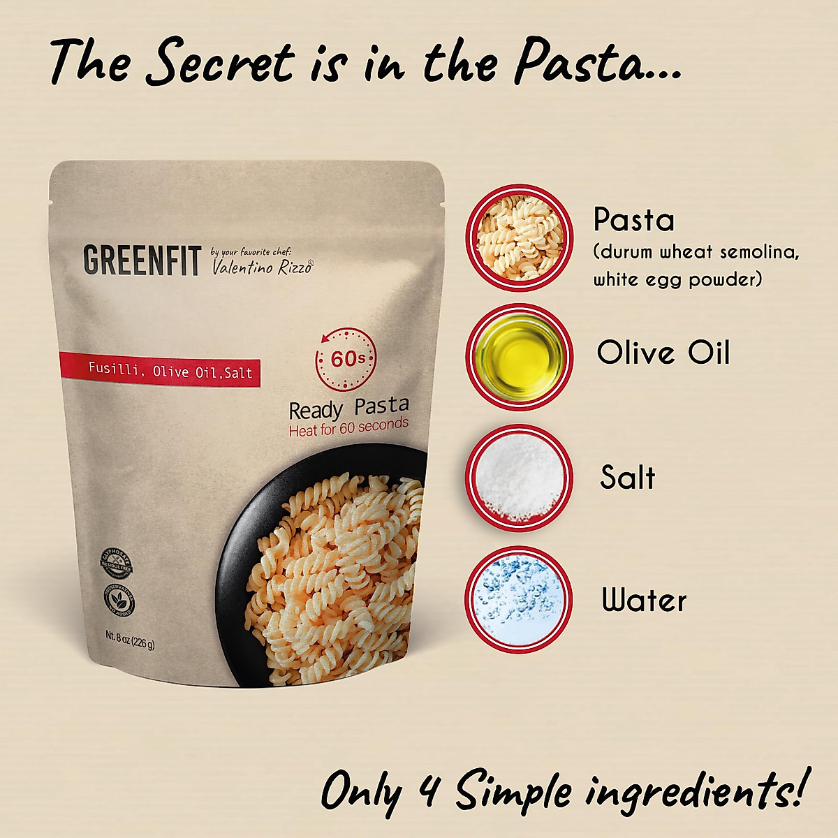 READY TO EAT PASTA | Microwavable | Fusilli Shape | Greenfit By Chef Valentino Rizzo | Glyphosate Free | Simple Clean ingredients | (8 Ounce - Pack of 6)